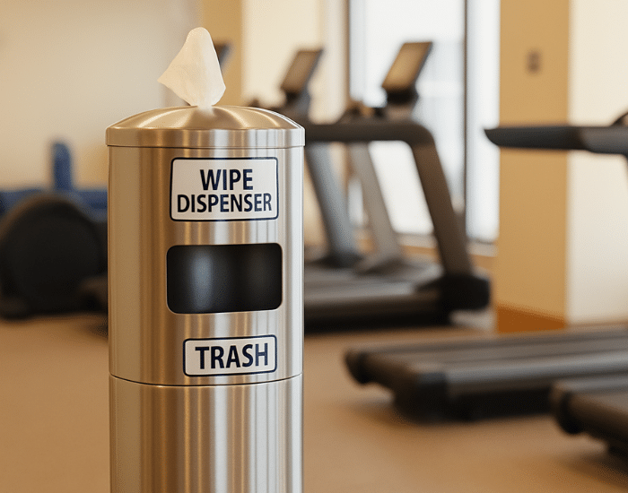 Mid-Summer Hotel Gym Cleaning: Wipe Dispenser + Trash Can
